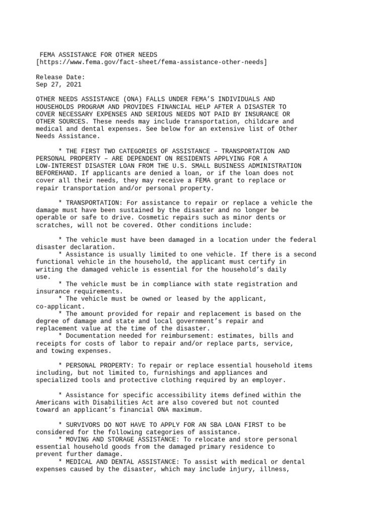 FEMA Assistance For Other Needs | PDF | Federal Emergency Management ...
