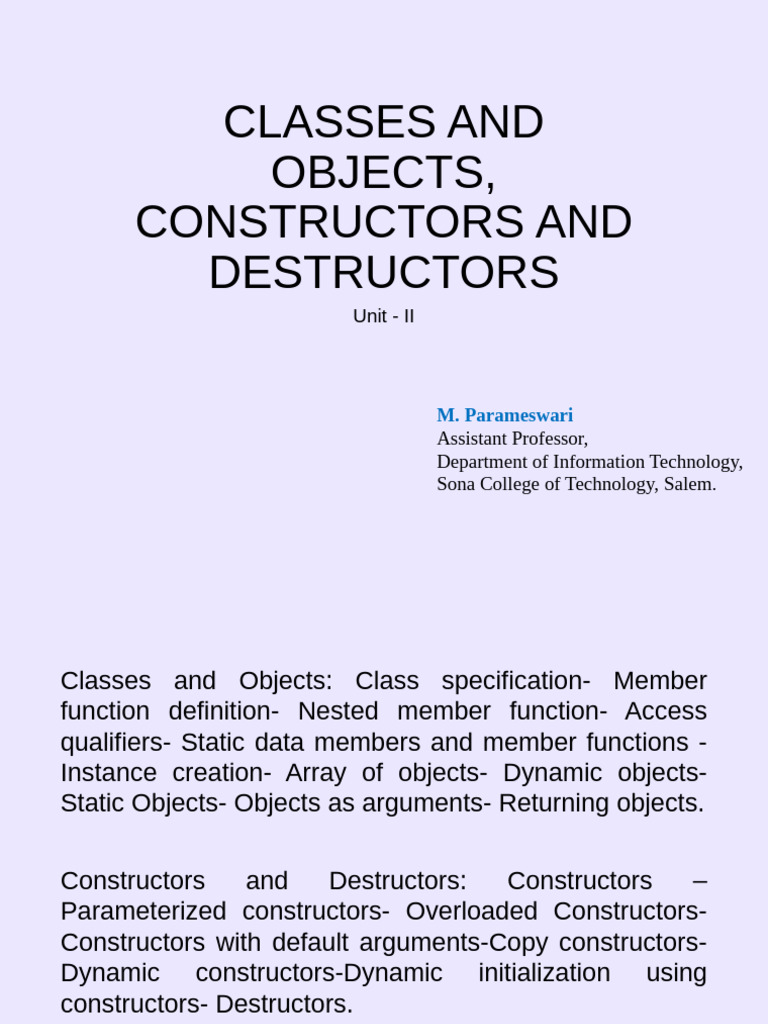 Unit II Classes and Objects, Constructors and Destructors-1 | PDF | Class (Computer Programming ...
