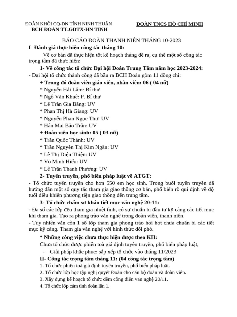 Bao Cao Danh Gia Cong Tac Doan t10 Va Ke Hoach t11 | PDF