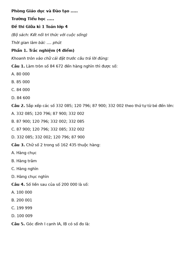 KT giua ky lop 4 | PDF