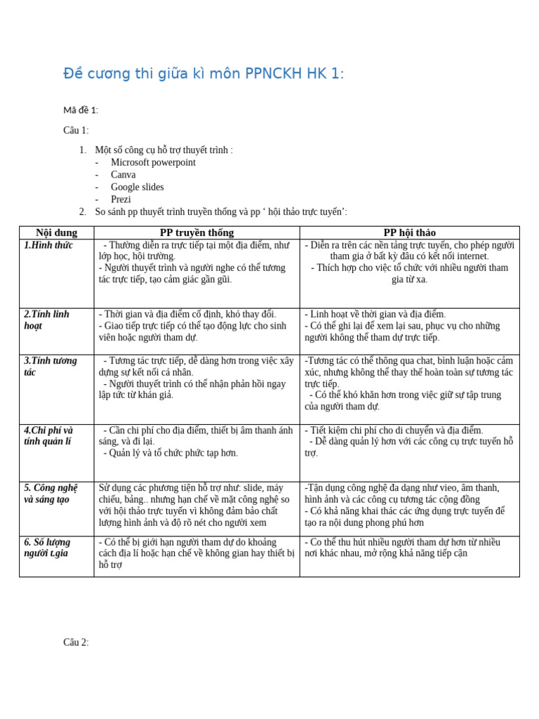 Đề cương thi giữa kì môn PPNCKH HK 1 | PDF