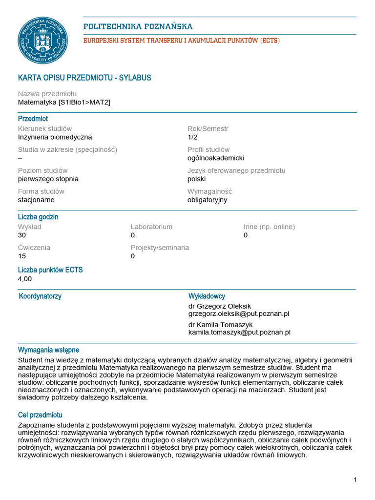 Karta Ects Matematyka Semestr 2 | PDF