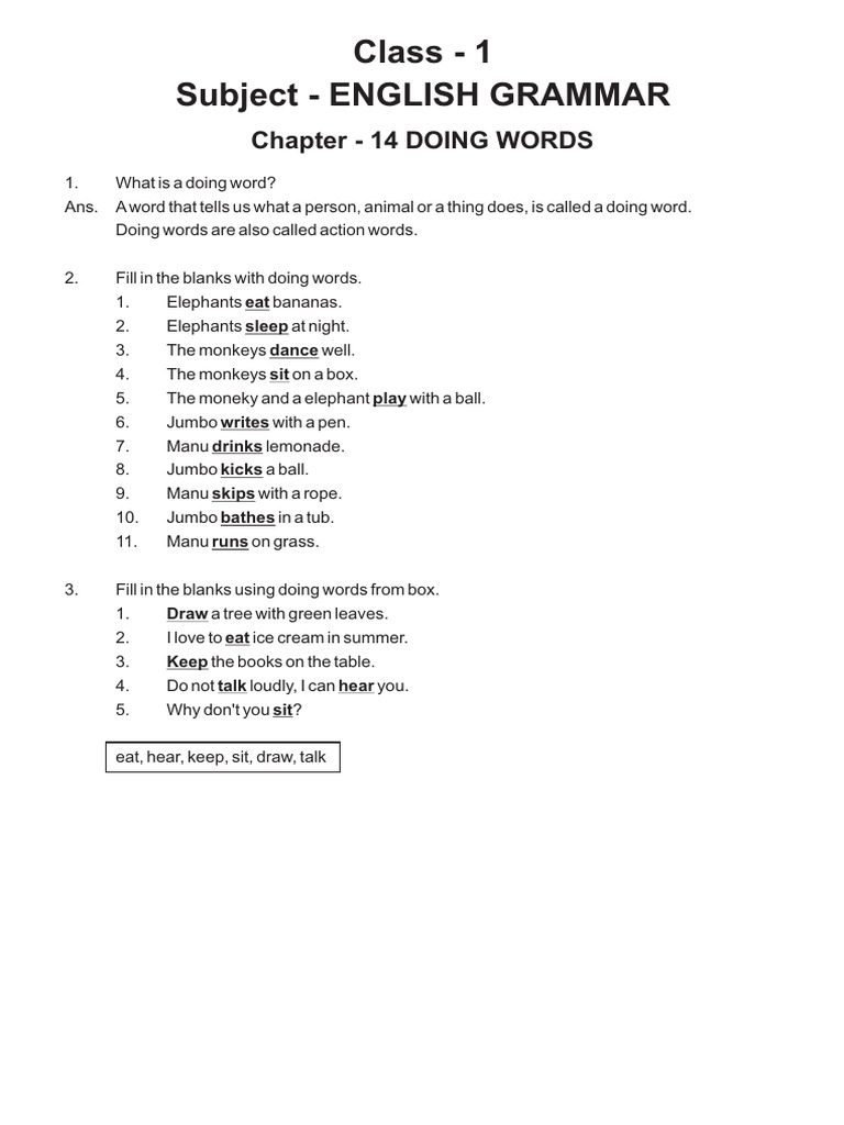 Class 1 Subject English Grammar Chapter 14 Doing Words | PDF