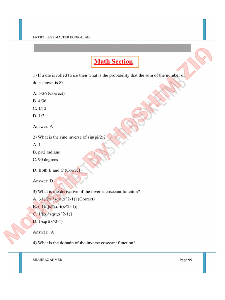 Nust Maths Past Paper MCQS-1 | PDF