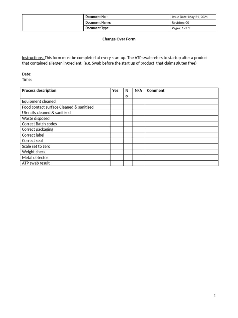 Change Over Procedure Form | PDF