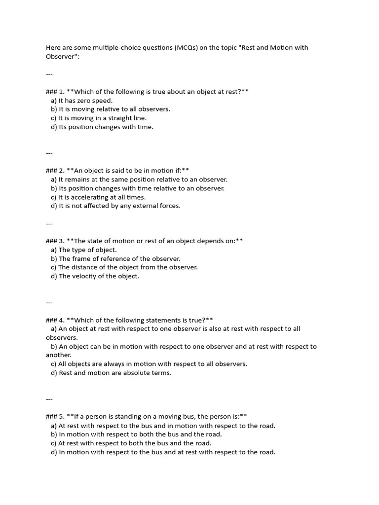 MCQs on Rest and Motion Concepts | PDF | Force | Physical Sciences