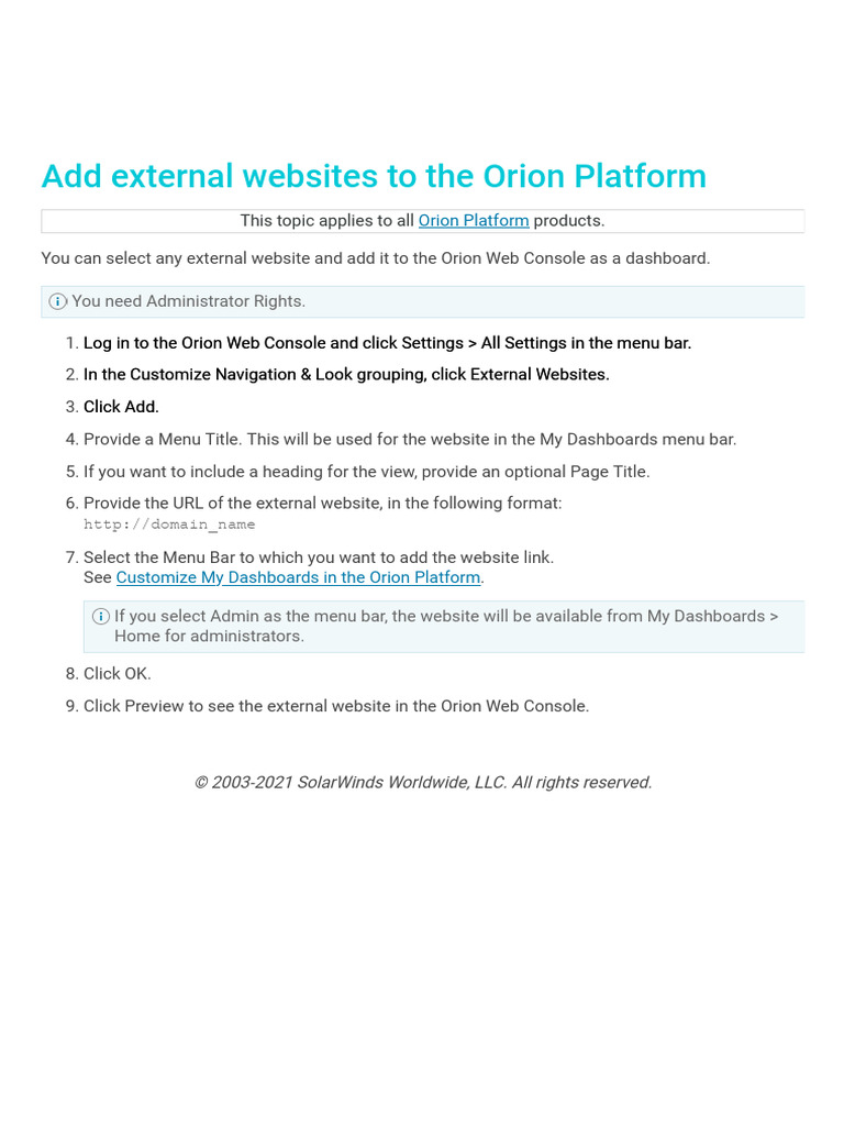 Add External Websites To The Orion Platform | PDF