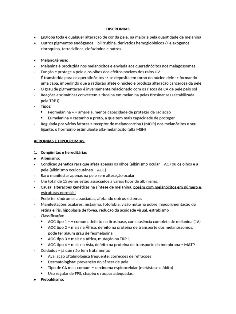 Discromias: Tipos e Tratamentos | PDF | Medicina Clínica | Pele