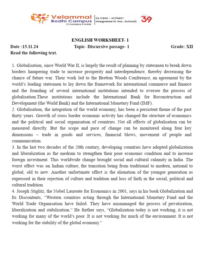 Worksheet 1 | PDF | Globalization | International Monetary Fund