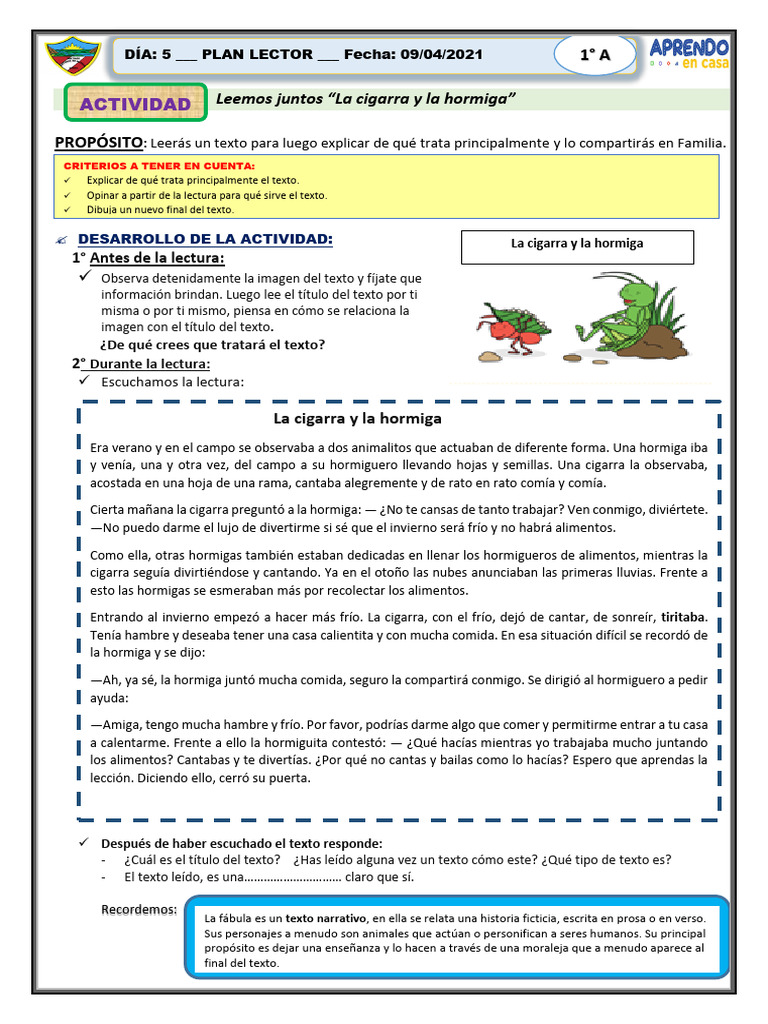 Día 05-Plan Lector - La Cigarra y La Hormiga - 1a | PDF | Hormiga