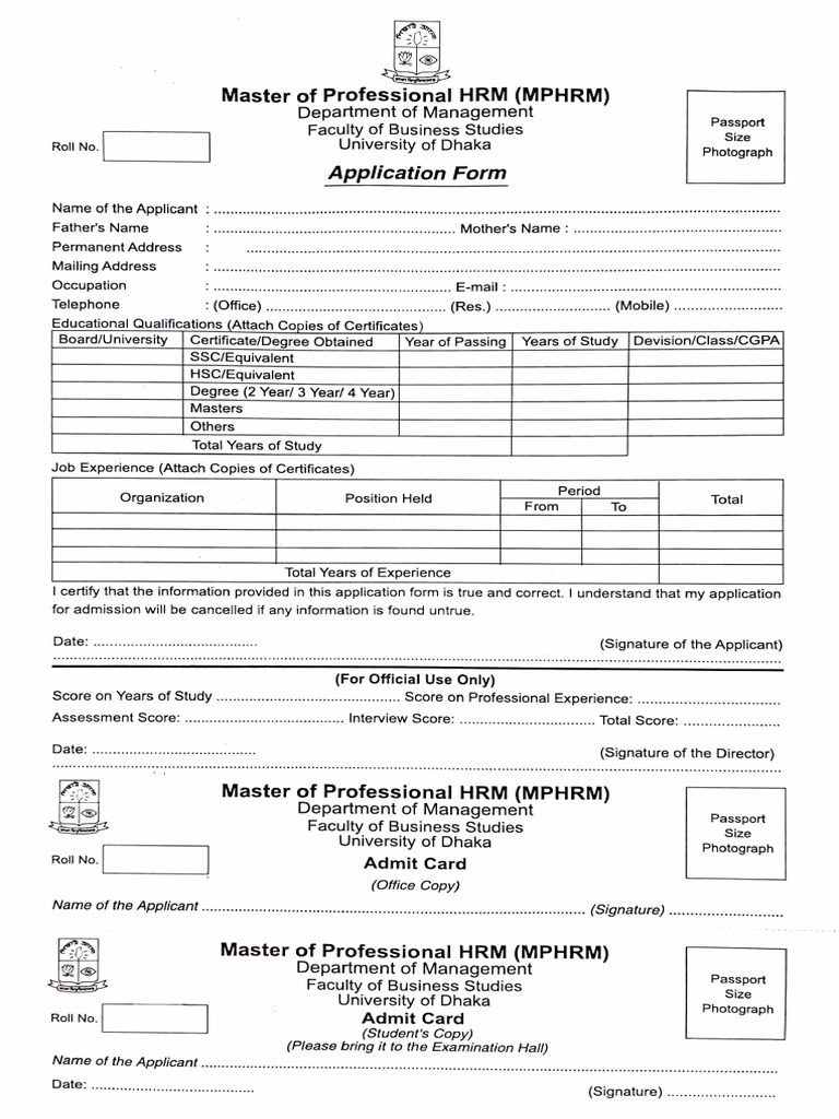 University of Dhaka MPHRM Application Form | PDF | Qualifications | Educational Stages