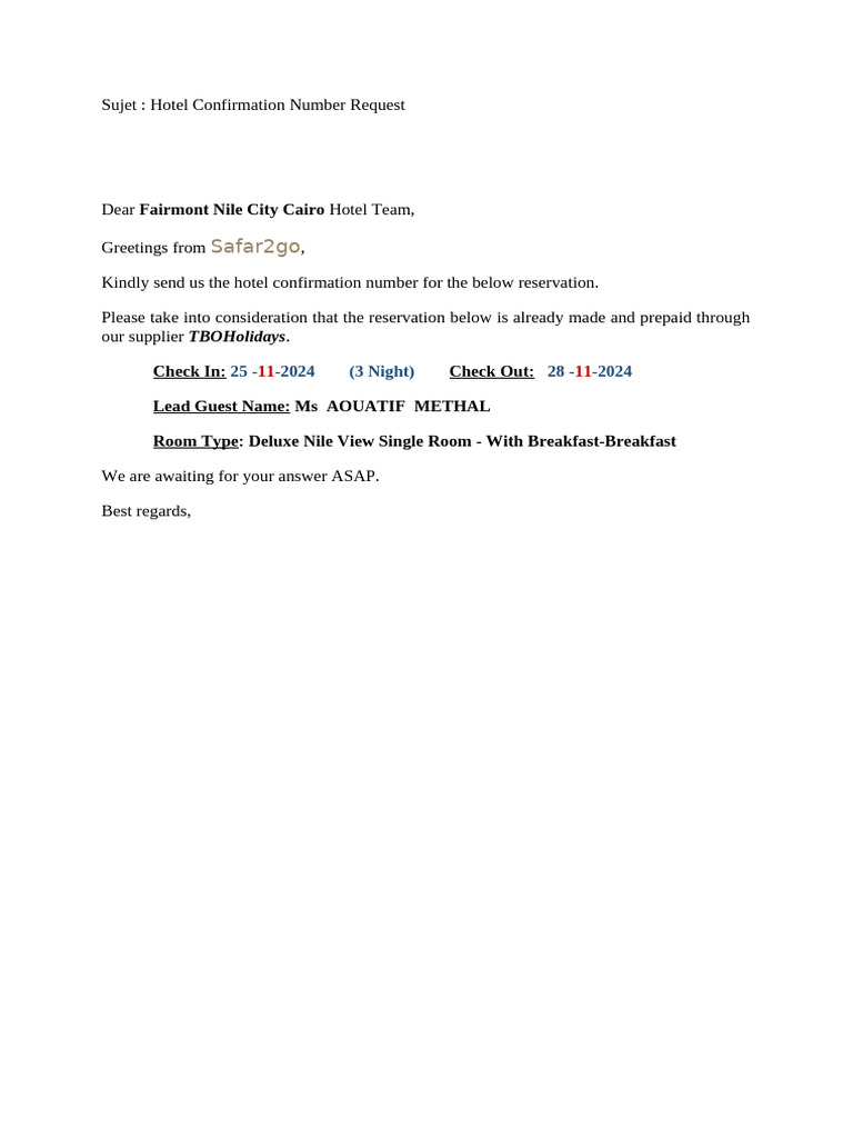 Request Confirmation Number Hotel | PDF