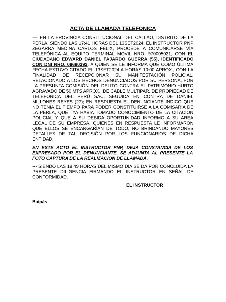 Acta de Llamada Telefonica | PDF