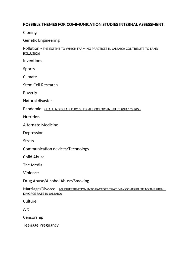 Possible Themes For Communication Studies Internal Assessment | PDF