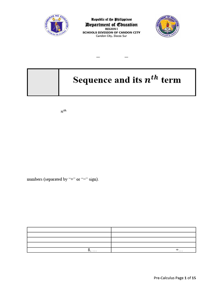 Pre Calculus Q1 W8 - M8 - LDS - Sequence and Its NTH Term - JRA RTP | PDF | Summation | Arithmetic