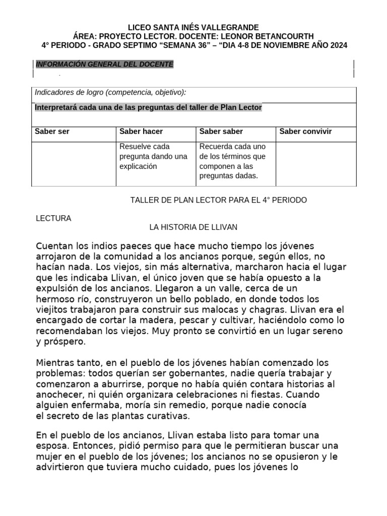 Semana36.taller 7°lect | PDF | Comprensión lectora