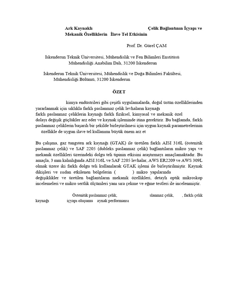 Gaz Tungsten Ark Kaynakli 316l-Saf 2205 Paslanmaz Çeli̇k | PDF