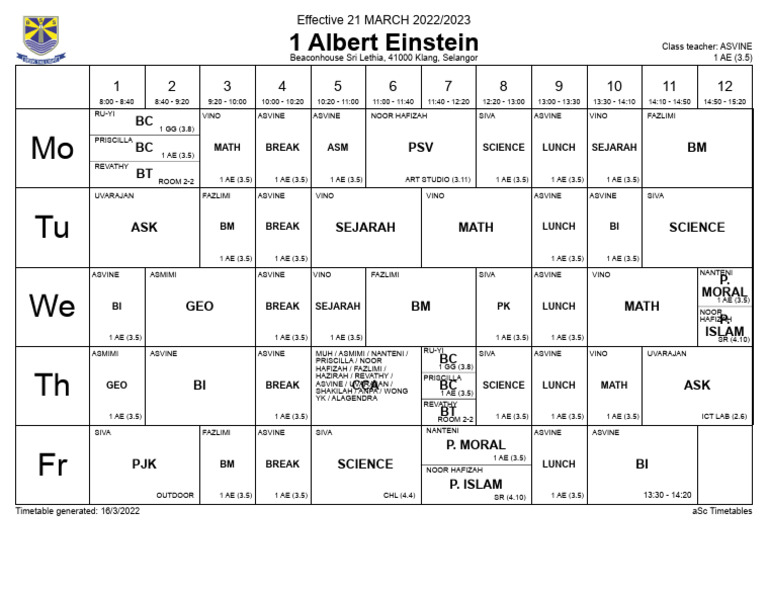 2022-2023 Class Timetable Overview | PDF