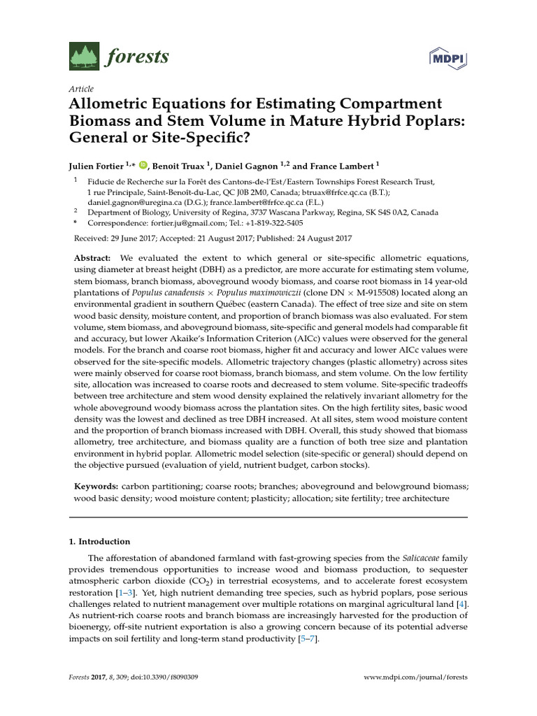 Allometric Equations For Estimating Compartment Biomass and Stem Volume ...