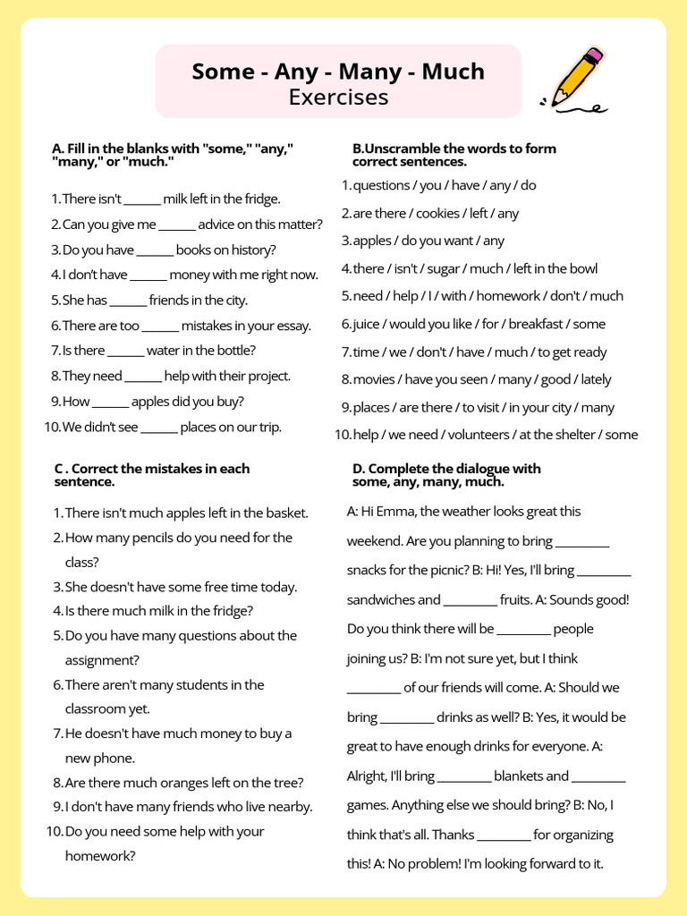 Quantifiers Exercise Worksheet Yellow Cute Simple Style Pdf 9199
