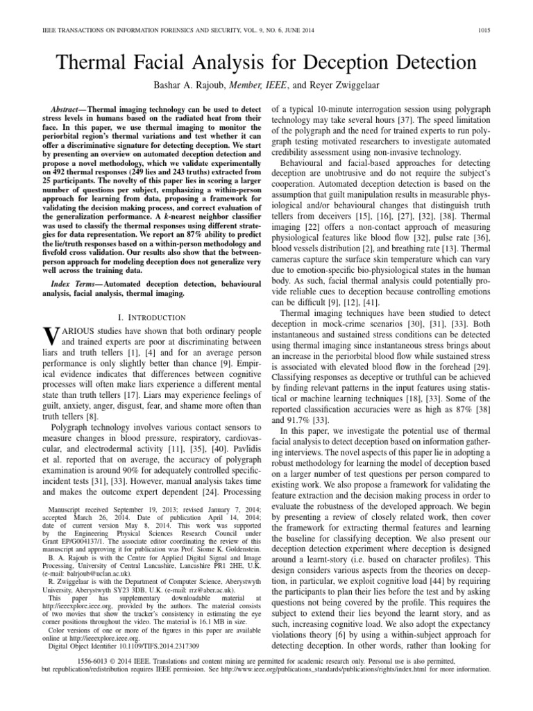 Thermal Facial Analysis For Deception Detectio | PDF | Statistical ...