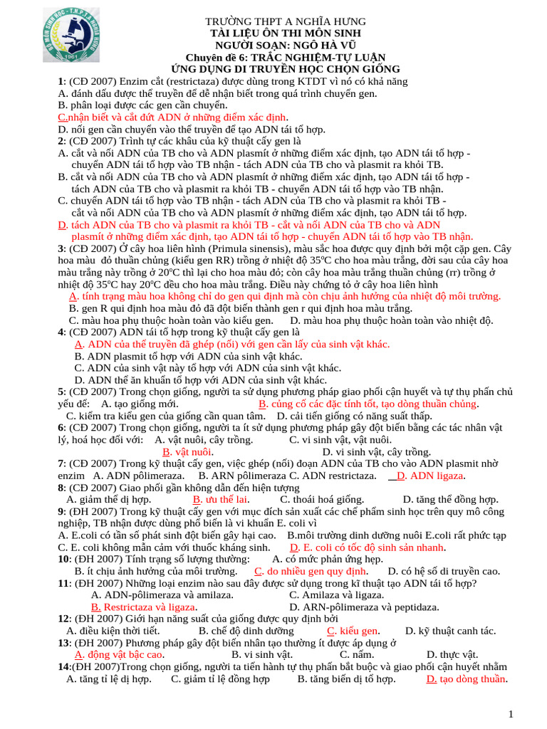 21942.Sinh 12 BT TN-TLuan UDDTH Vào Chọn Giống (Đề Thi ĐH 2007- Nay) | PDF