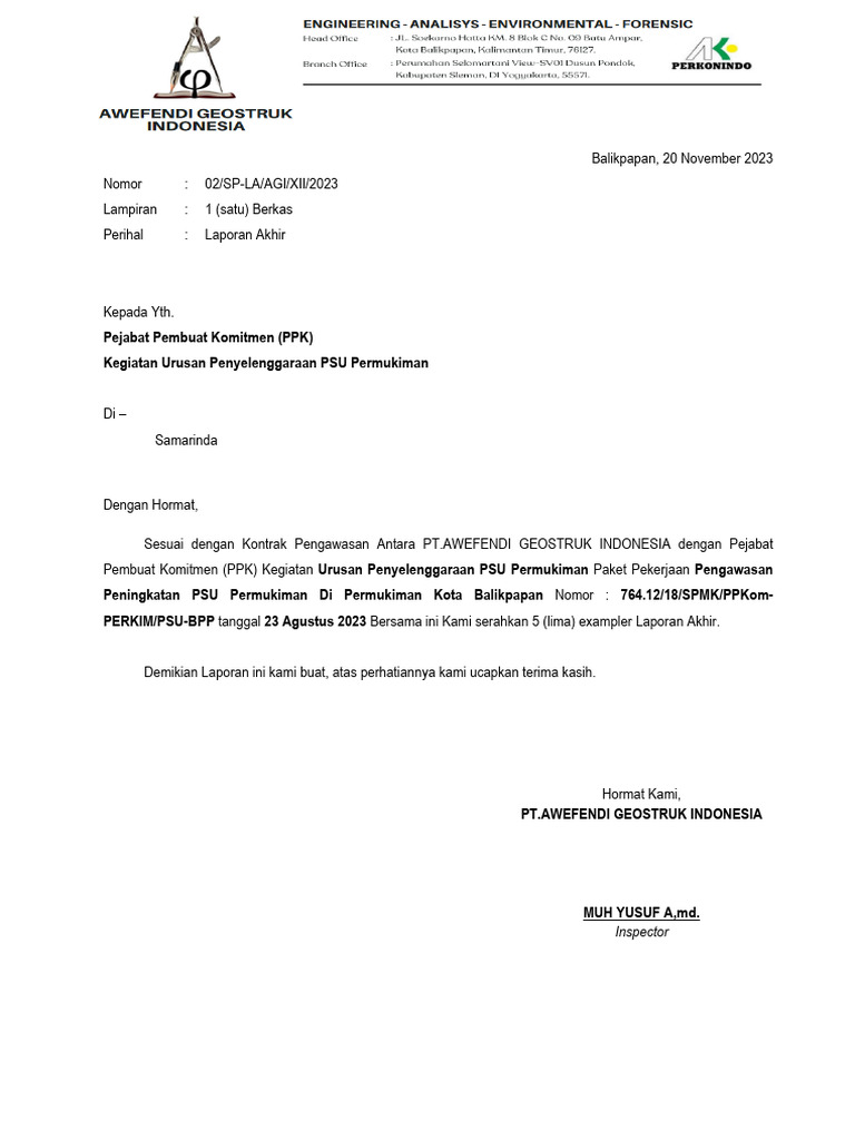 Surat Pengantar Lap - Akhir PSU 2023 NOMOR 2 | PDF