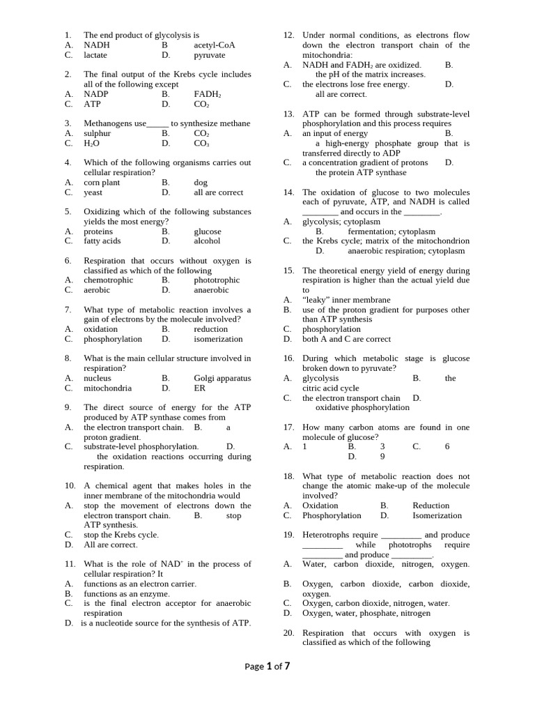 MCBN 171 Practice Questions | PDF | Cellular Respiration | Meiosis