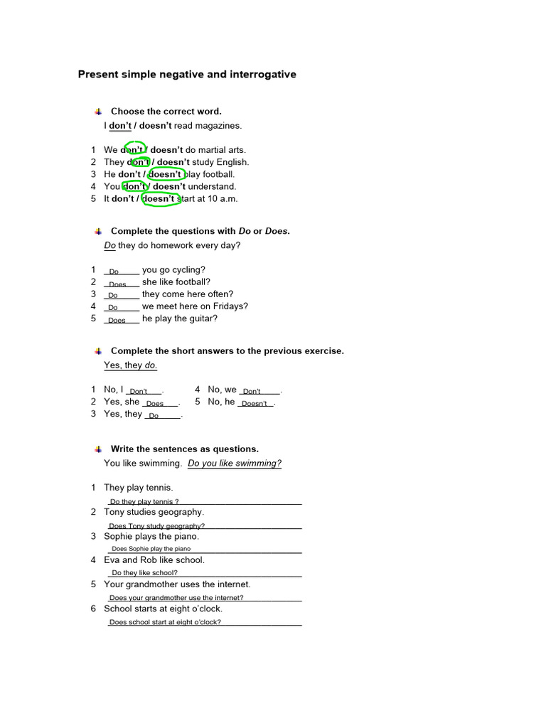 Present Simple Negative & Interrogative Exercises | PDF | Languages | Foreign Language Studies