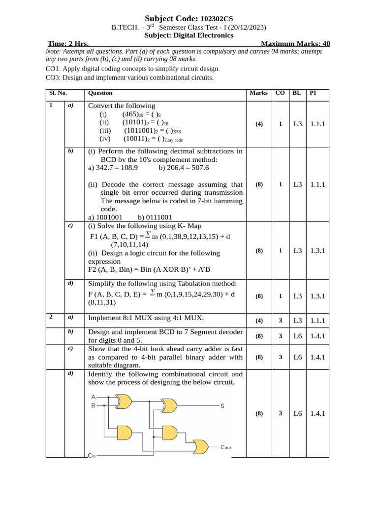 3cse (Ai) (DS) CT1 de | PDF | Binary Coded Decimal | Digital Electronics