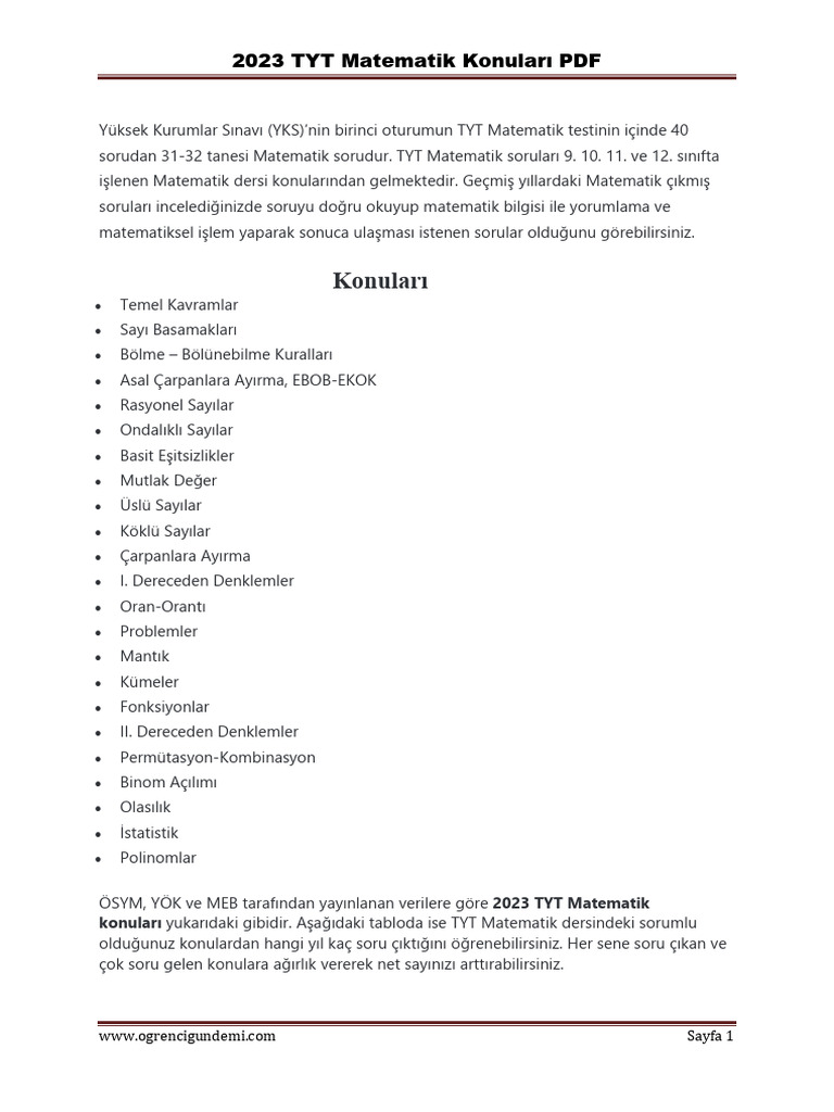 2023 Tyt Matematik Konulari | PDF