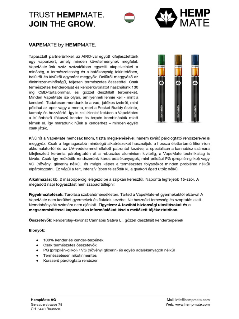 Adatlap VAPEMATE CBD Vaporizer | PDF