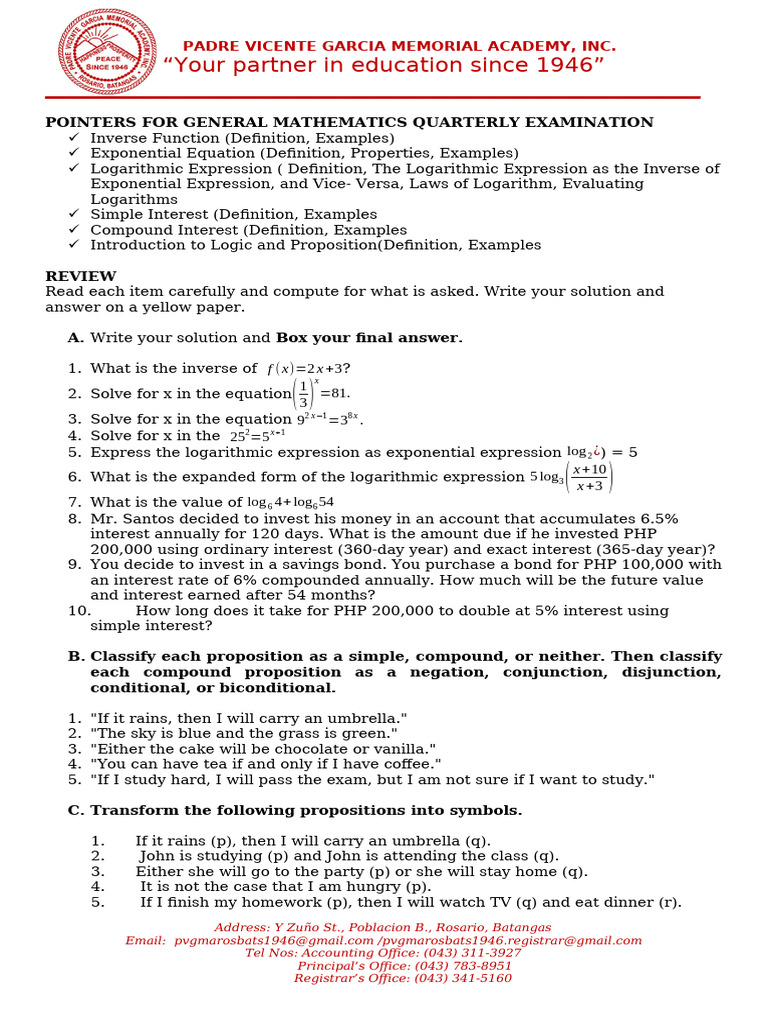 Gmath q2 Review | PDF | Logarithm | Interest