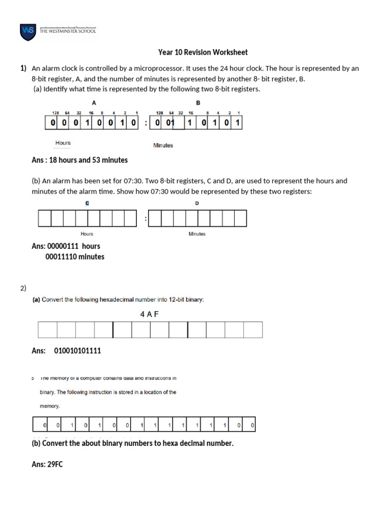 Revision Worksheet Computer Science Year 10 | PDF | Character Encoding ...