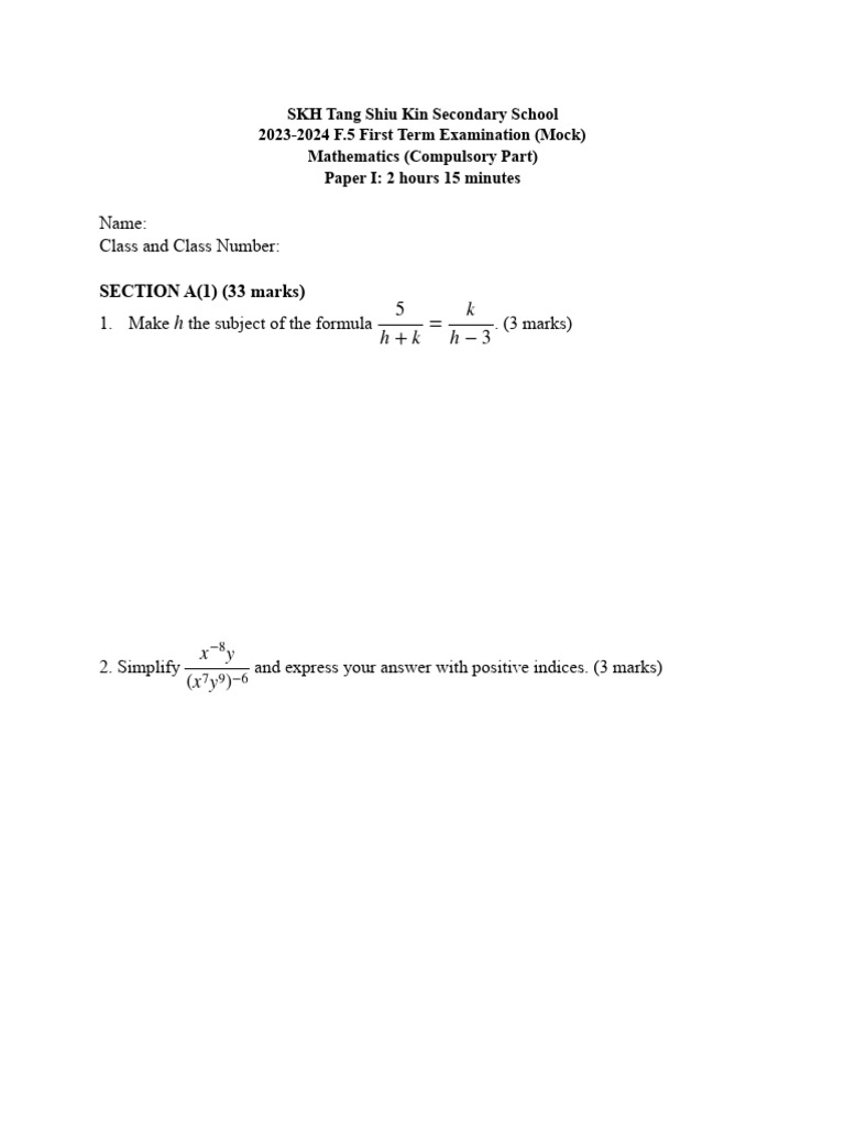 F5 1st Term Mock A1, A2 | PDF | Mathematics | Elementary Mathematics