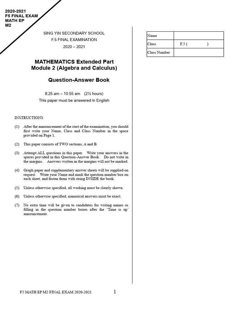 F5 Math Exam: Algebra & Calculus | PDF | Mathematics | Tangent
