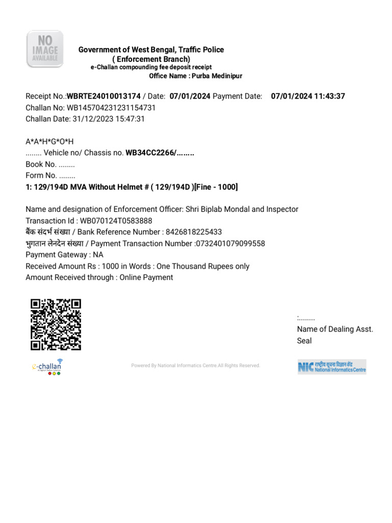 e-Challan Receipt for MVA Violation | PDF