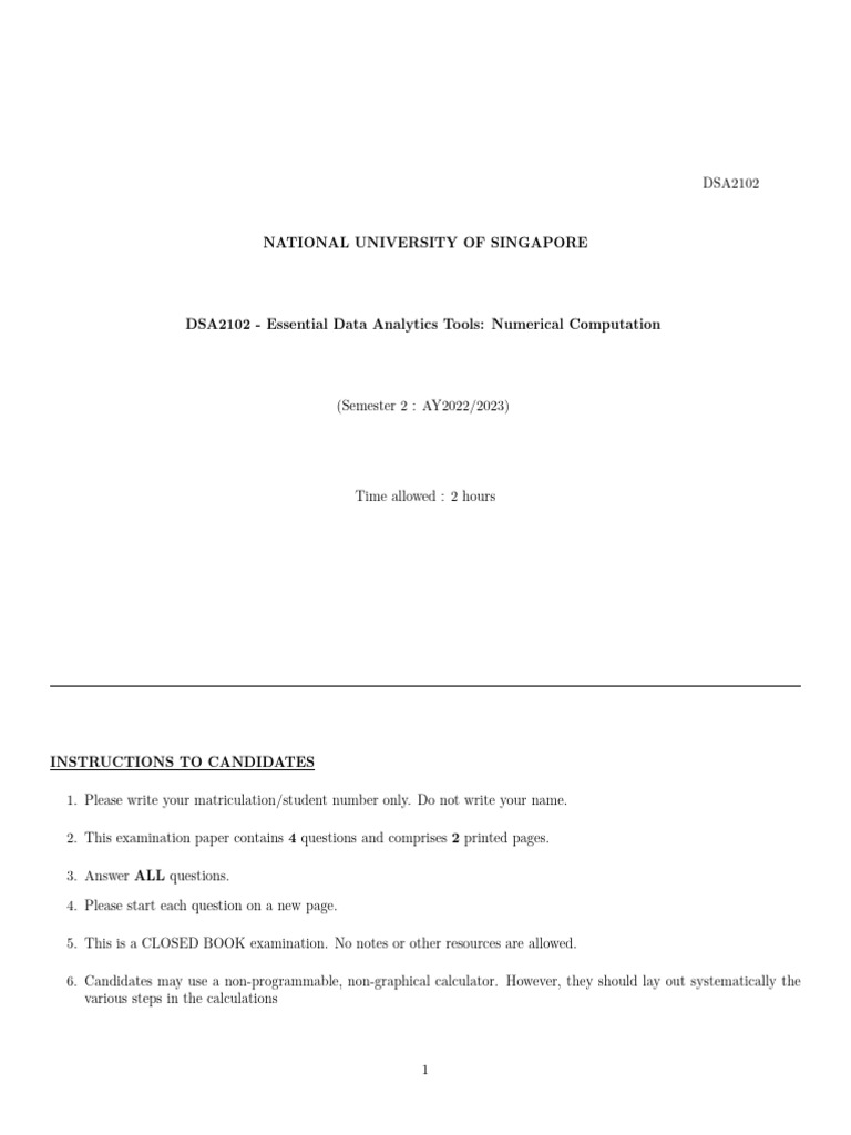 DSA2102 Exam: Data Analytics Tools | PDF | Matrix (Mathematics ...