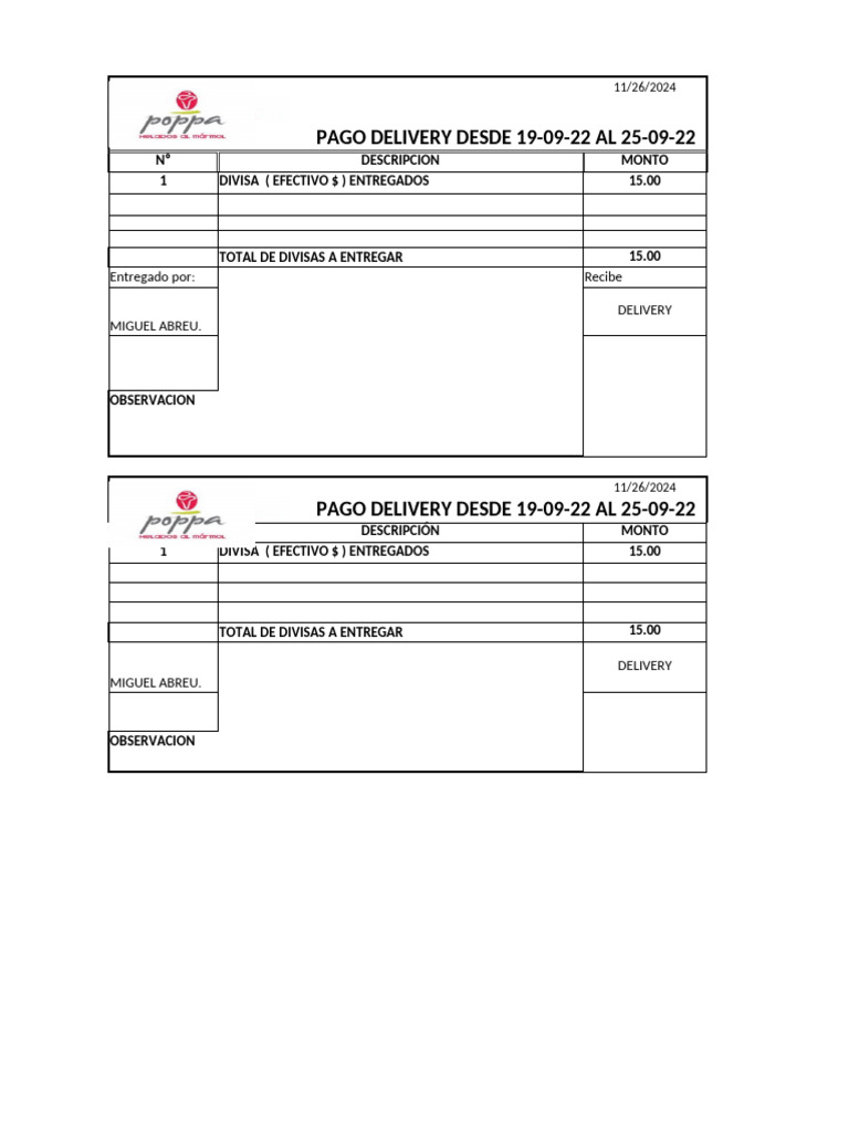 Recibo de Pago Delivery | PDF