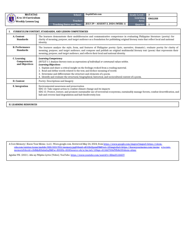 DLL Matatag - English 7 Q1 W1 | PDF | Cognition | Human Communication
