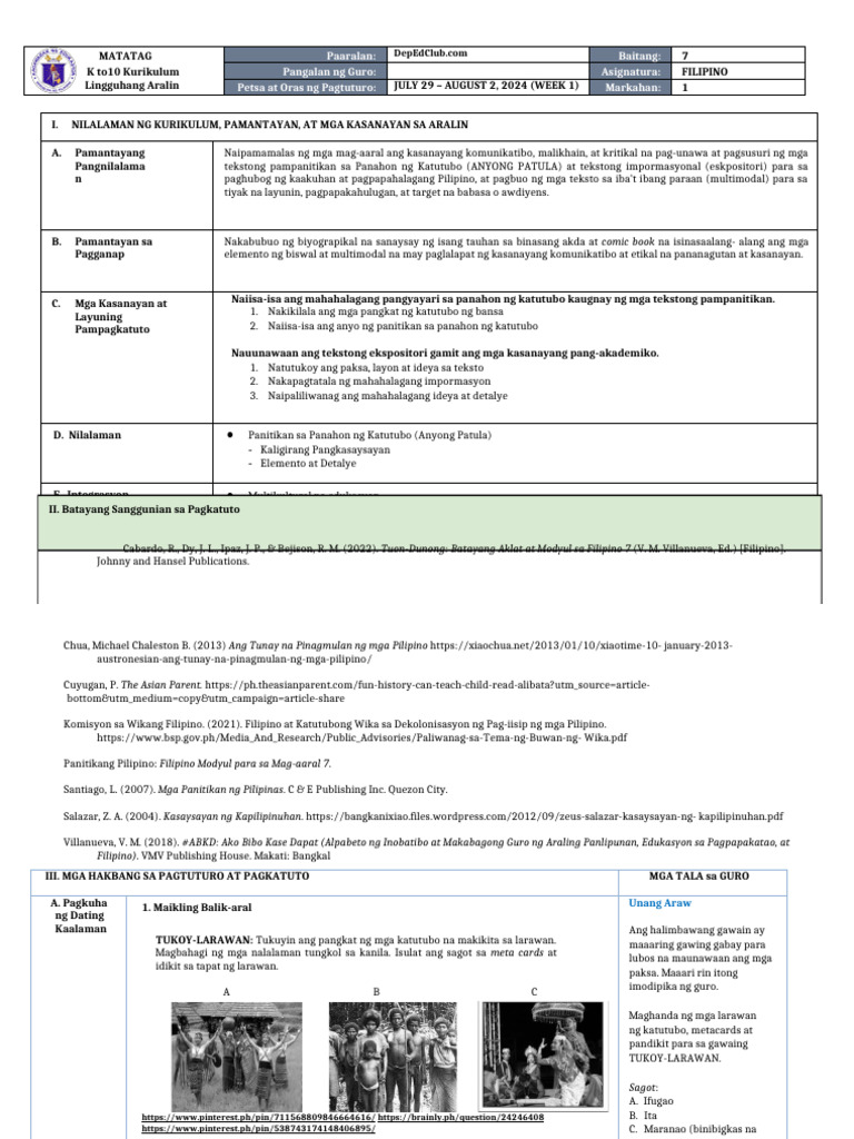 DLL Matatag - Filipino 7 Q1 W1 | PDF DLL Matatag - Filipino 7 Q1 W1 | PDF
