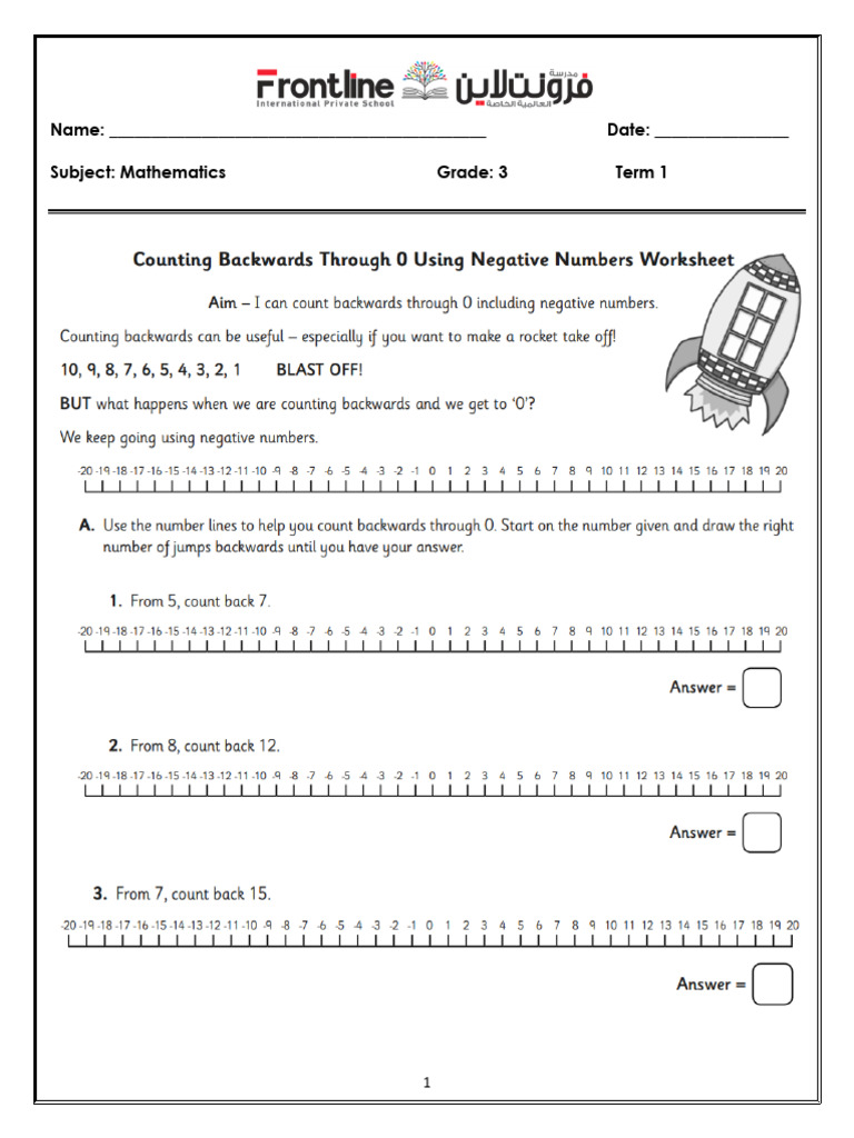 Grade 3 HW Number Line (Negative Numbers) PDF | PDF