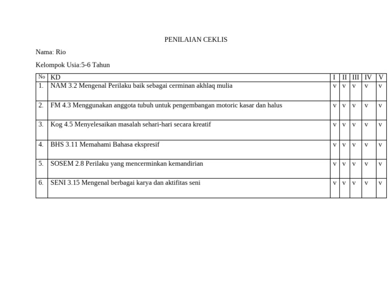 Penilaian Ceklis Agustus 3 | PDF