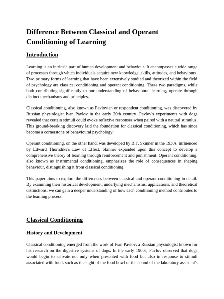 Difference Between Classical and Operant Conditioning of Learning | PDF ...