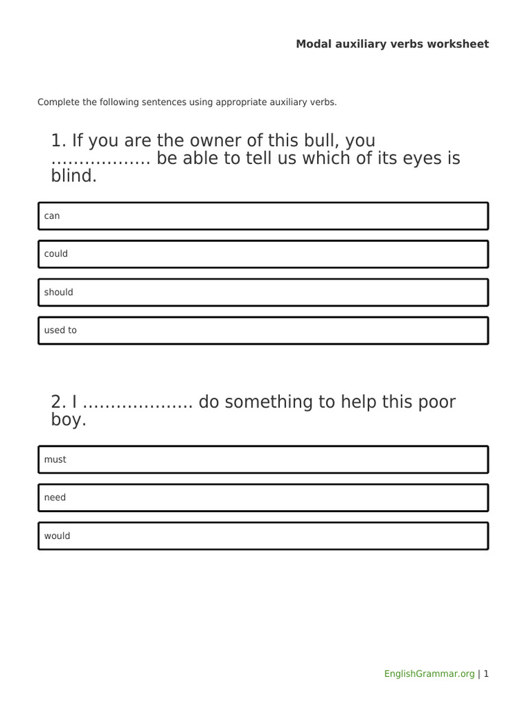 Modal Auxiliary Verbs Practice Worksheet | PDF