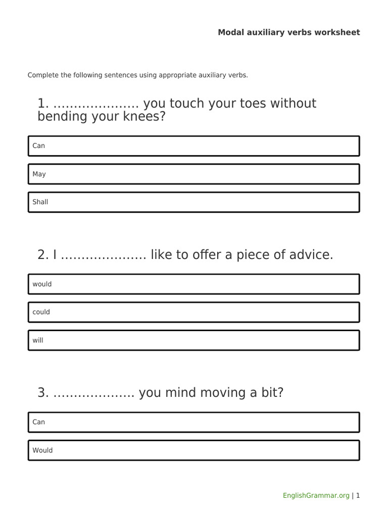 Modal Auxiliary Verbs Worksheet | PDF | Verb | Language Families