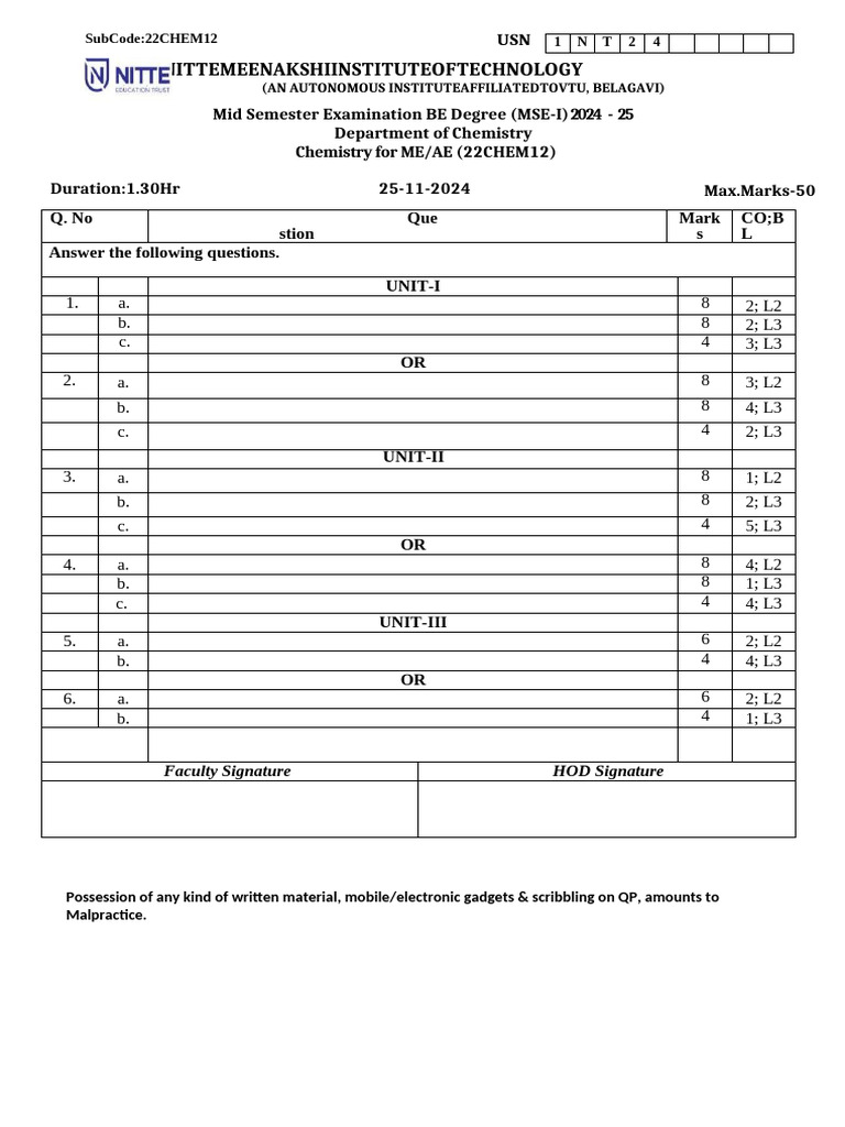 22CHEM12 QP MODEL | PDF