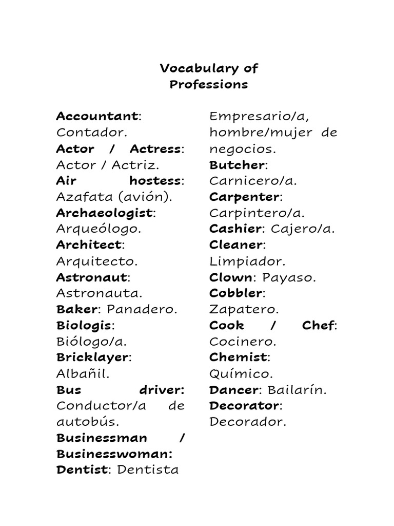 Vocabulario de Profesiones y Adjetivos | PDF | Morfología Lingüística