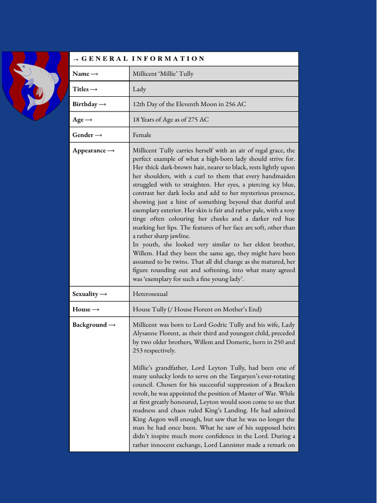 Millicent Tully (ASOIAF RP) - 1 | PDF | World Of A Song Of Ice And Fire