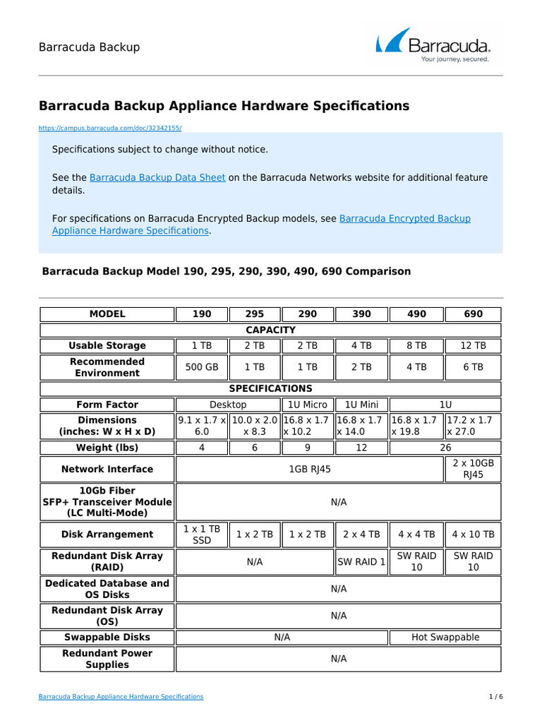 Barracuda Backup Appliance Hardware Specifications | PDF | Computer ...